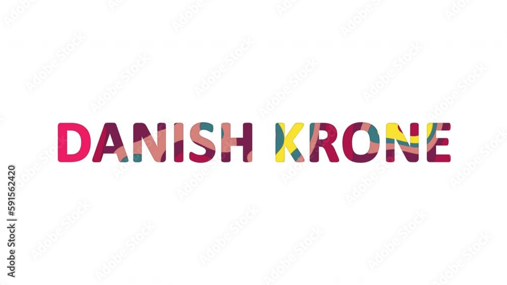 Multi-colored inscription Currency name DANISH KRONE with colored spots ...