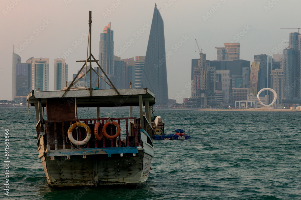 Doha, Qatar - December 12 2022: View of the Beach and sailing ships and ...