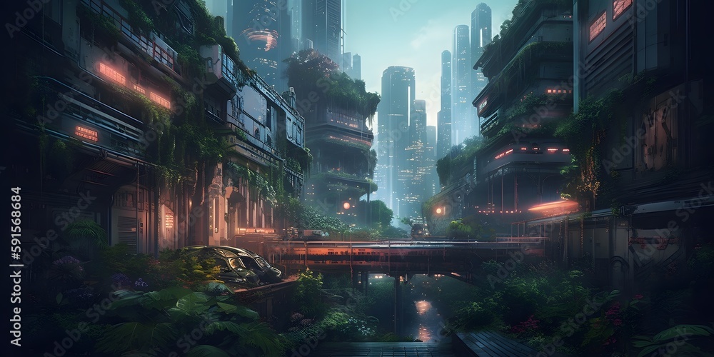 cyberpunk cityscape with futuristic floating gardens, where neon-lit ...