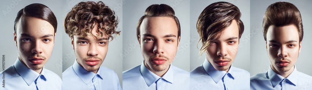 Mosaic of handsome young adult man wearing blue shirt with different ...