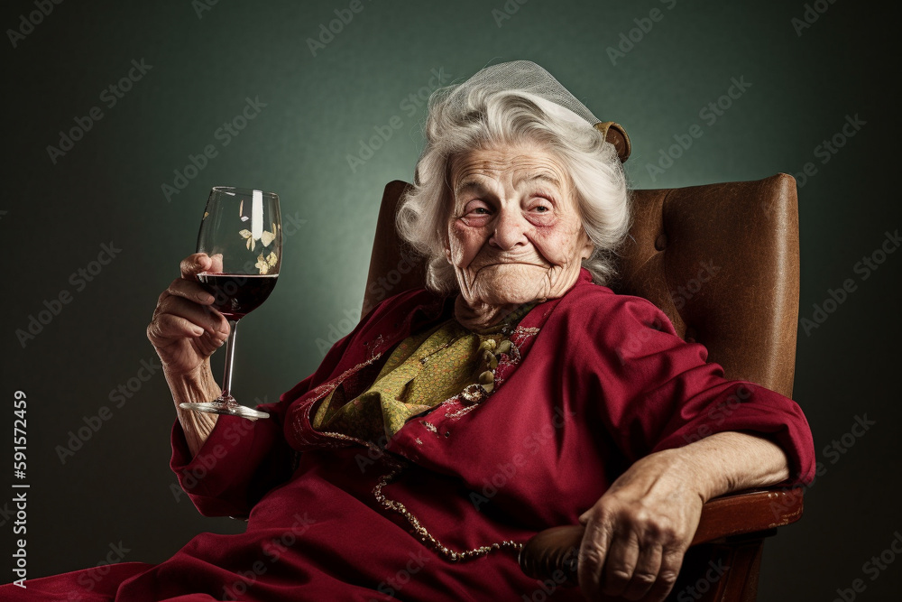 Funny old woman, chilling and relaxing in an armchair, drinking wine ...