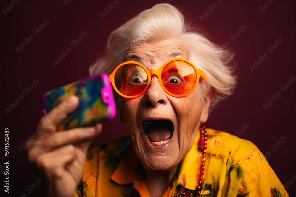 Funny old woman trying to use a smartphone and making a goofy face ...