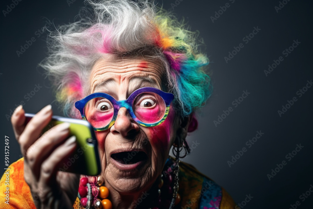 Funny old woman trying to use a smartphone and making a goofy face ...