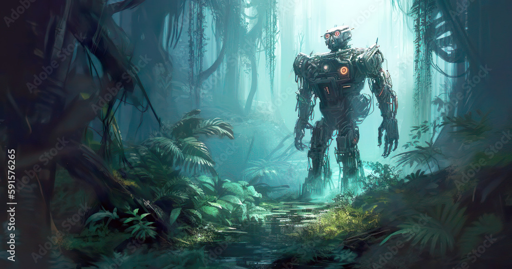 Future illustration of a robot in the dark forest in a very futuristic ...