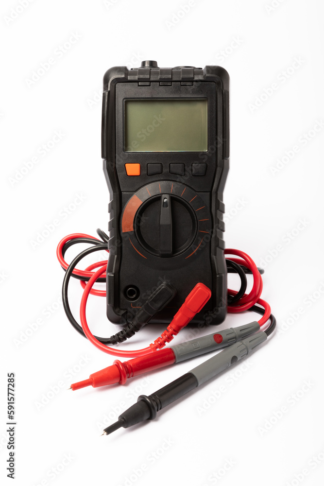 Digital multimeter with probes and display isolated on white background ...