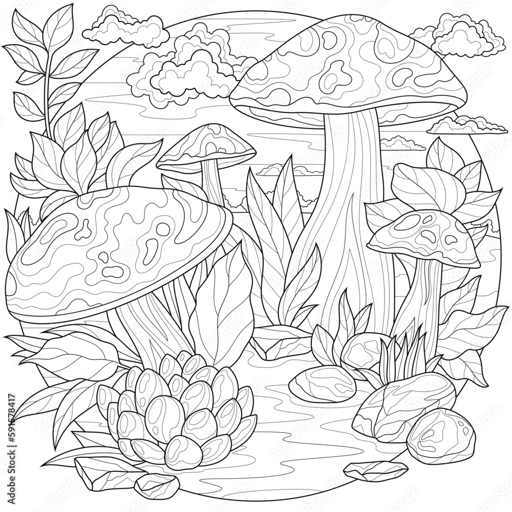 Mushrooms and nature.Coloring book antistress for children and adults ...