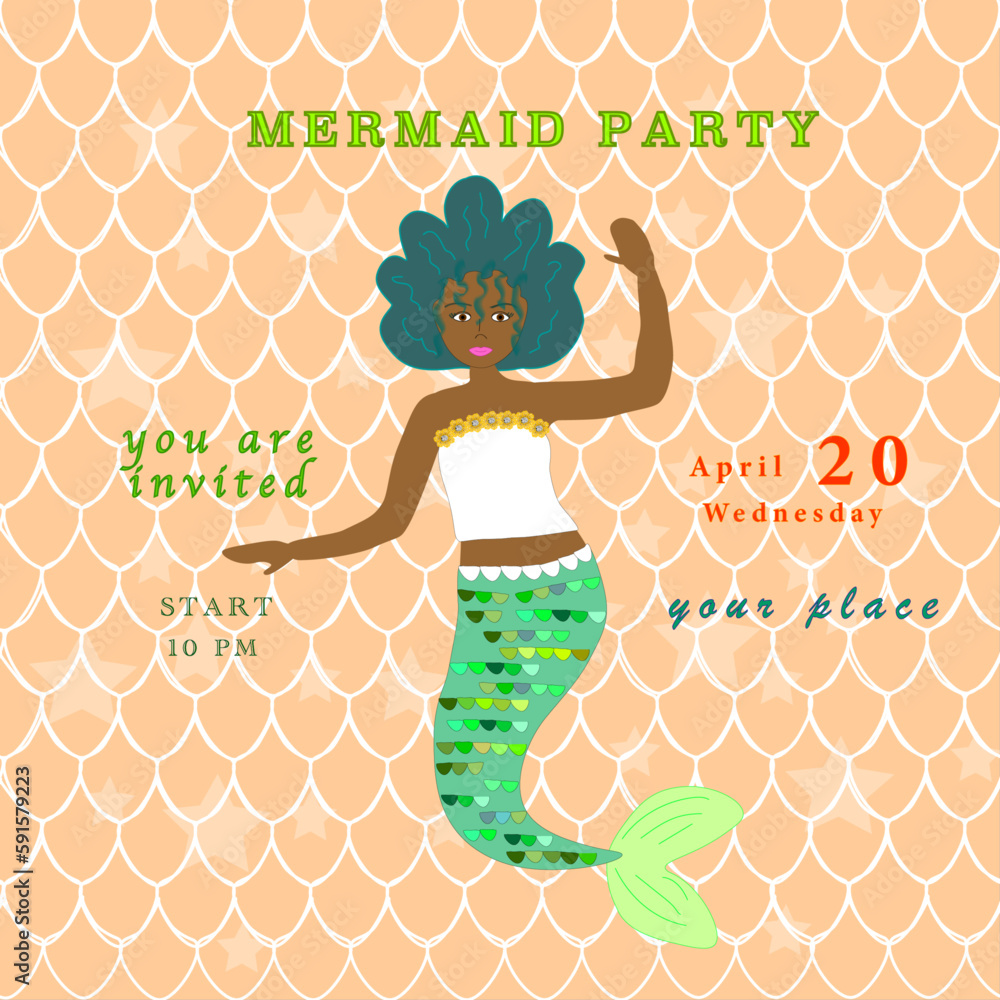 Mermaid party invitation card with green hair and black skin mermaid ...