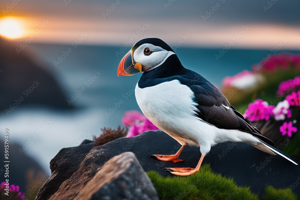 Arctic puffin bird (Fratercula arctica) on the steep cliffs of Nordic ...