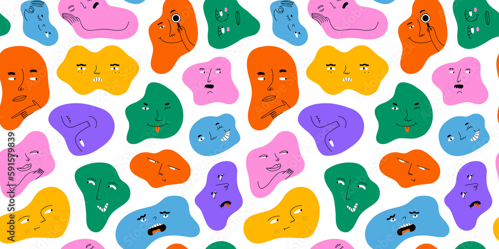 Colorful abstract shape cartoon faces seamless pattern illustration ...