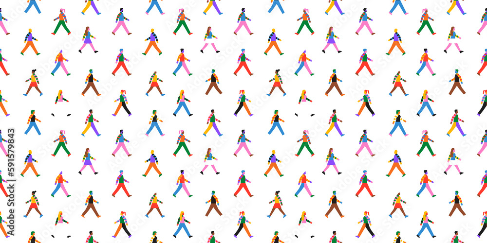 Diverse colorful people group walking together seamless pattern ...