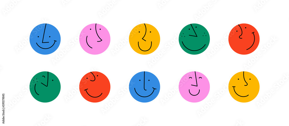 Colorful cartoon character face circle illustration set. Funny people ...
