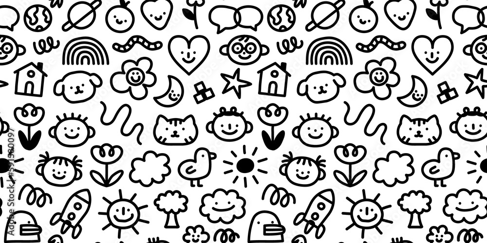 Funny black and white children doodle icon seamless pattern. Cute happy ...