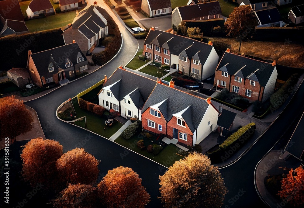 Aerial view of residential houses and streets in a UK new build estate ...