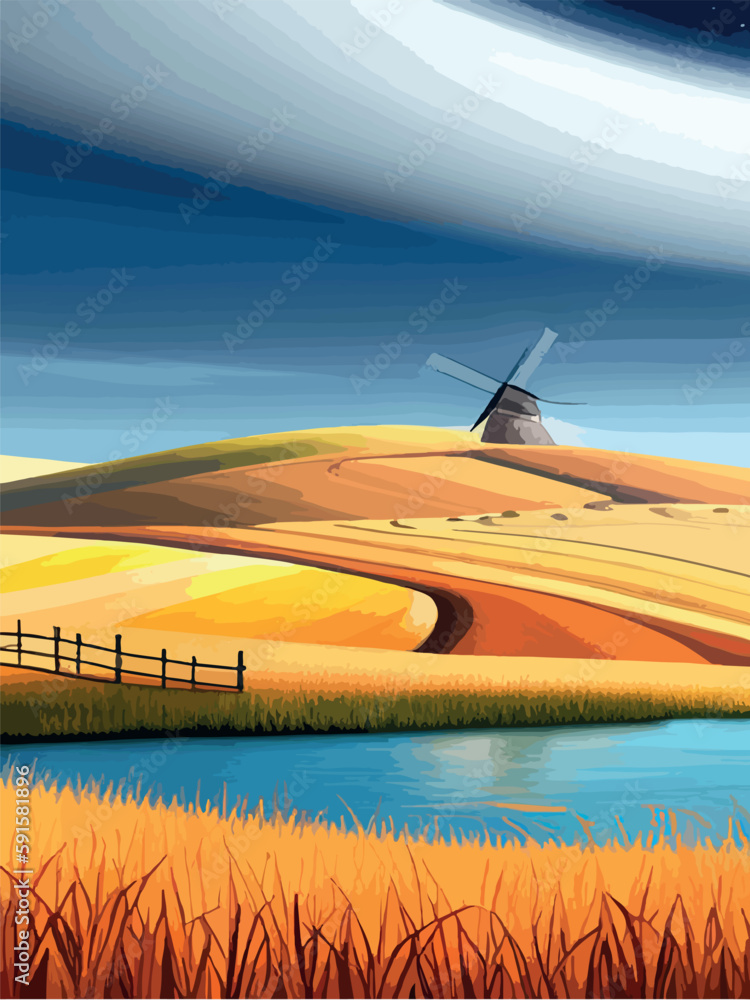 Windmill farm. Wheat field. Agriculture. Flour grinding mechanism ...