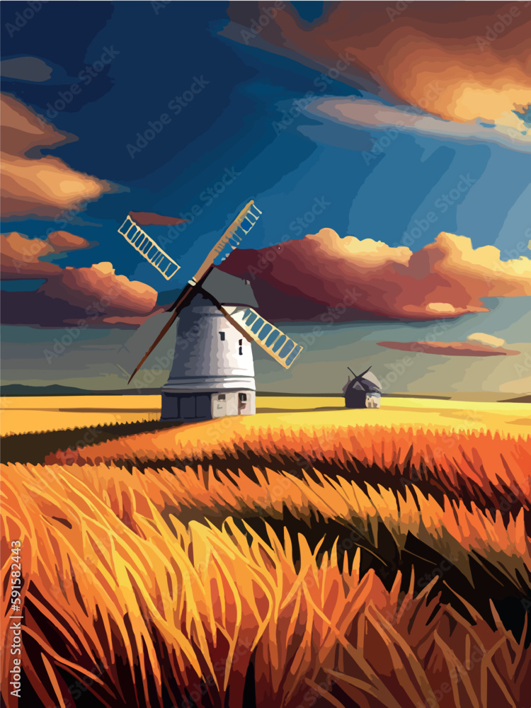 Windmill farm. Wheat field. Agriculture. Flour grinding mechanism ...