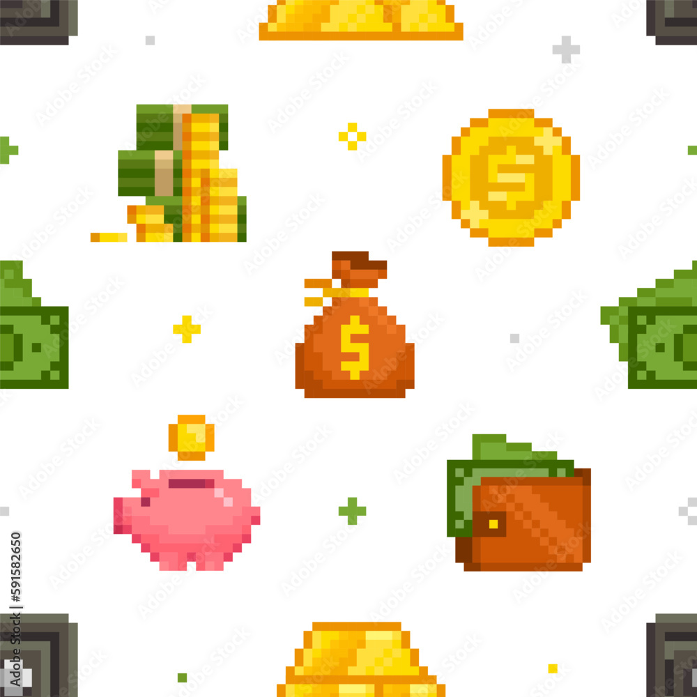 Geek Pixel Cash Money seamless pattern. 8-bit Pixel Wallet with ...
