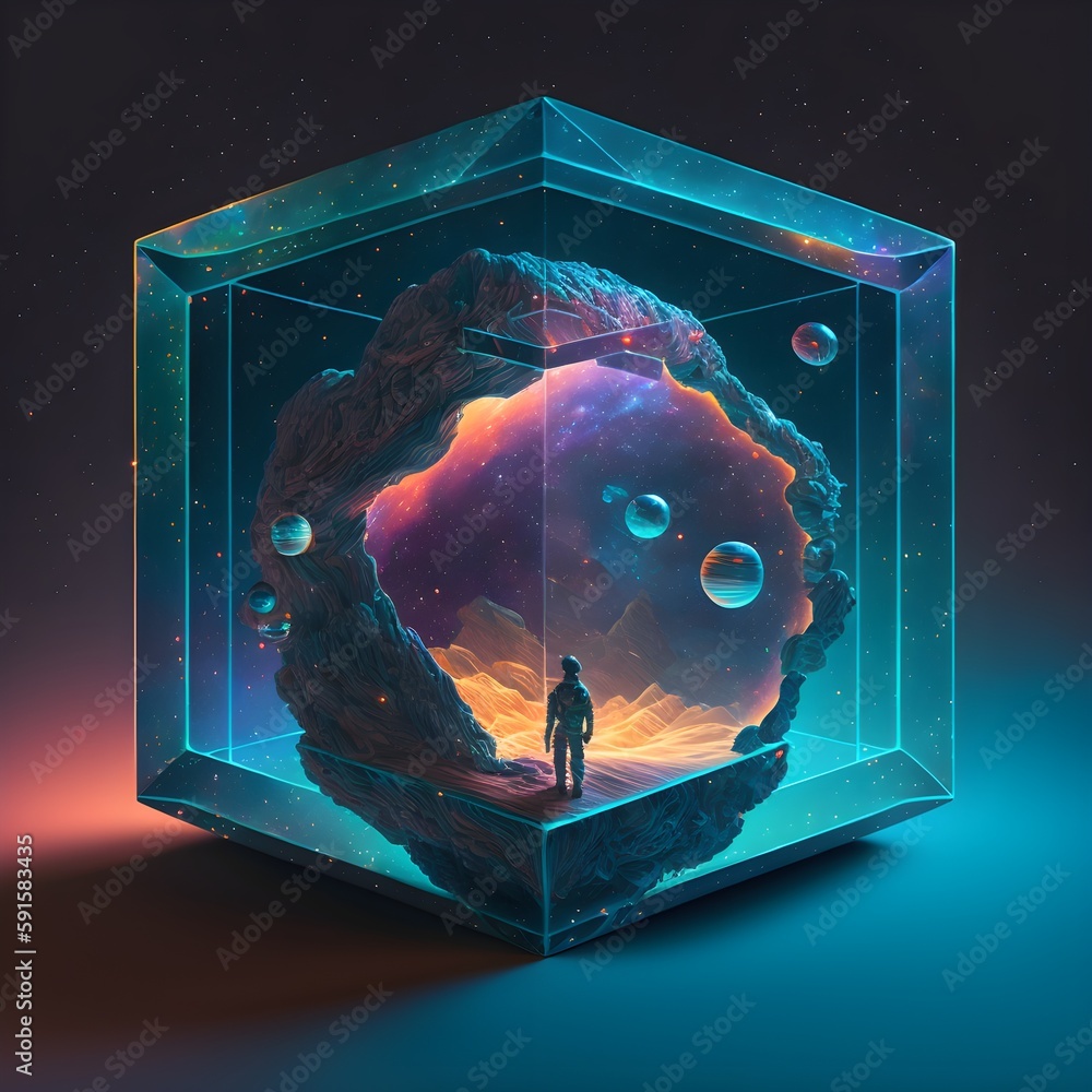 Moebius environment with a single character painting holographic voxel ...