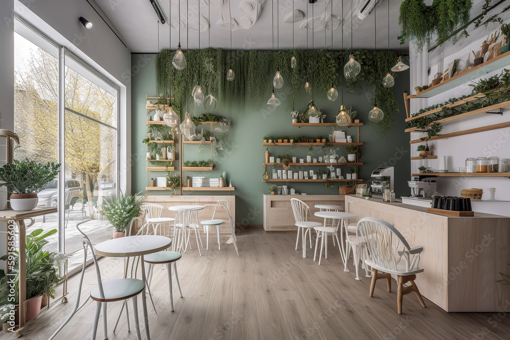 Generative AI illustration of an ecological and sustainable Coffee shop ...