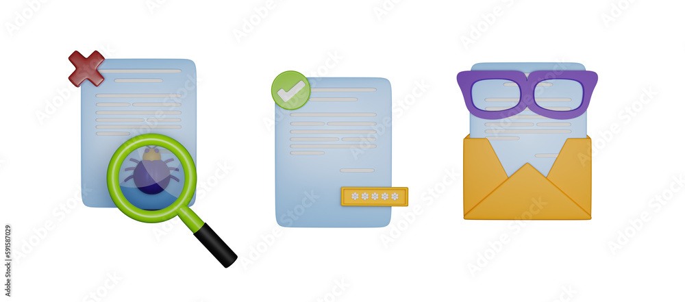 3D email icon set, security fraud protection render kit, digital document, scam detected filter ...