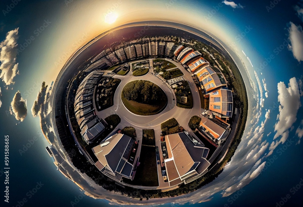 360 aerial view of residential complex in small town, for use as sky ...