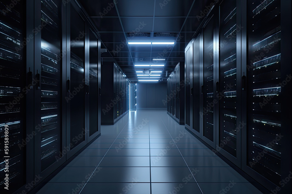 Big data center with server racks. Server room interior. Digital ...