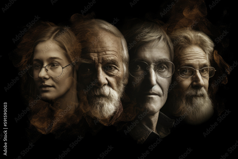 Different generations of family stand together against dark abstract ...