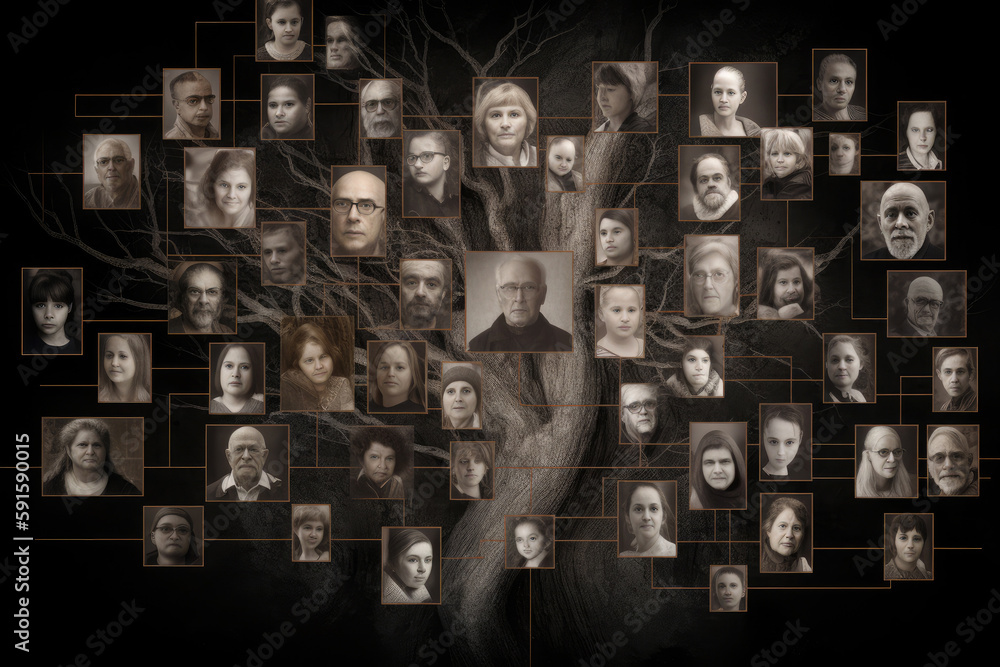 Family tree with portraits of relatives. Genealogical history of ...