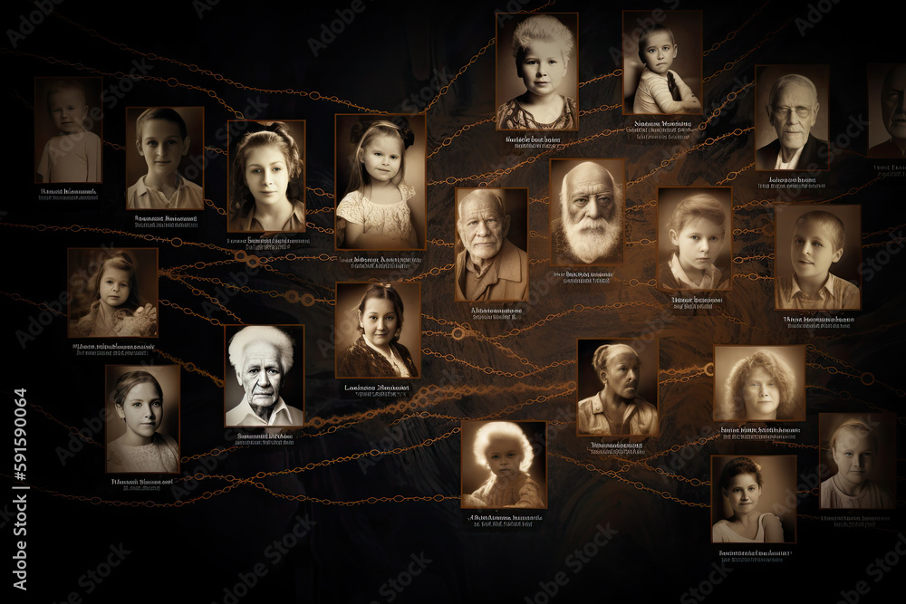 Family tree with portraits of relatives. Genealogical history of ...