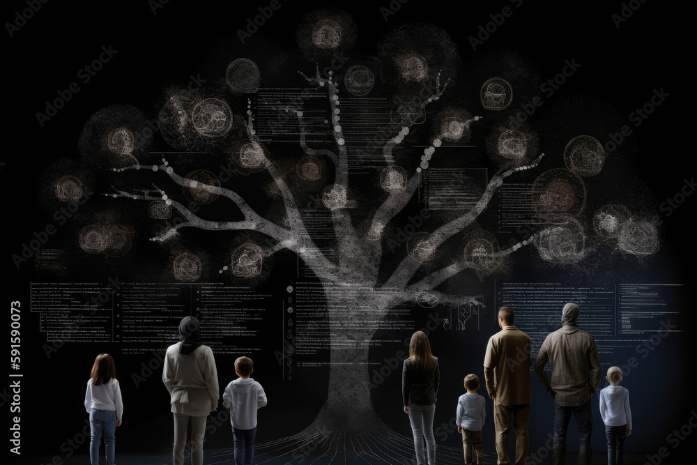 Younger generation stands in front of family tree with portraits of ...