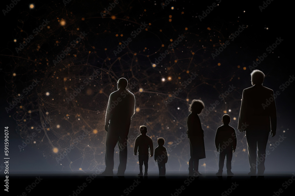 Different generations of family stand together against dark abstract ...
