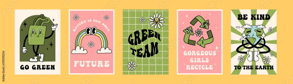 Groovy y2k retro eco cartoon poster set. Happy earth day ecology cards ...