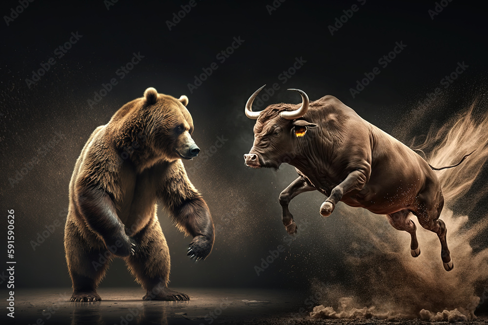 Stock market concept represented in the bull and bear fight. Composite ...