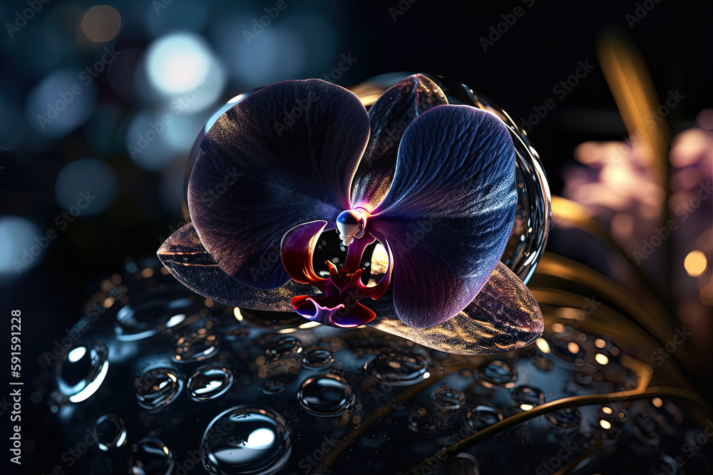 Beautiful ethereal violet orchid with water drops on black background ...