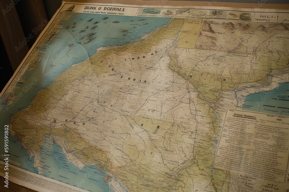 Old vintage map of fantasy places. Coast of a land in an imaginary ...