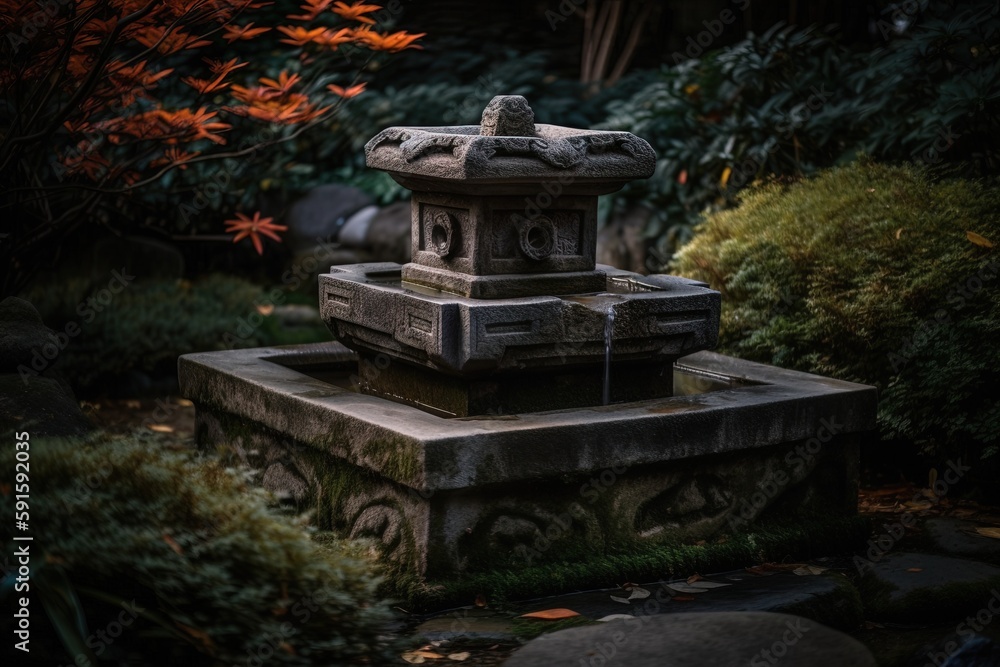 ancient Japanese zen fountain in a typical Japanese botanical garden ...