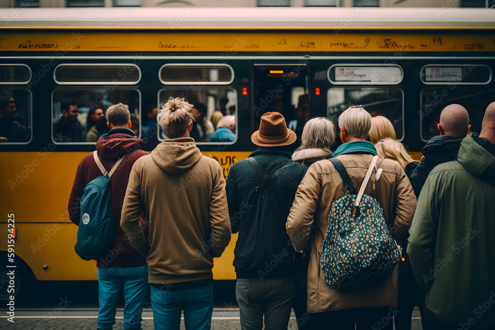 ภาพประกอบสต็อก Crowd of people queuing to board the bus, bus stop in the city. Generative AI ภาพ ...