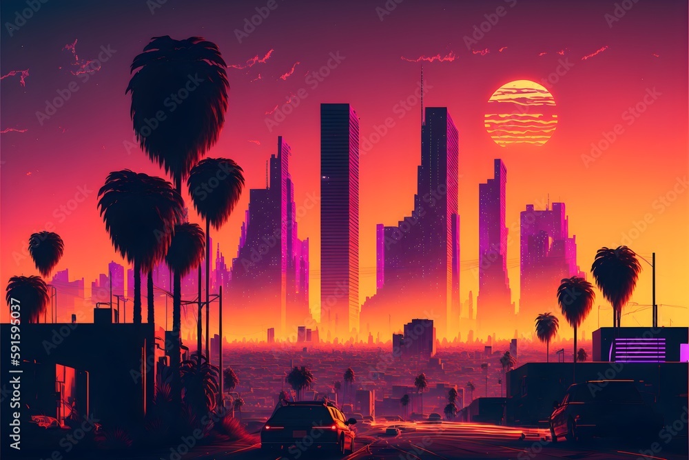 The city of los angeles as a cyberpunk city sunset neon colors ...