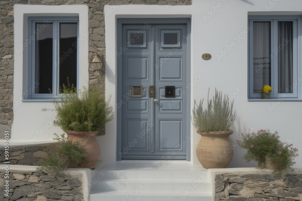 Contemporary image capturing modern Greek home entrance, gray front ...