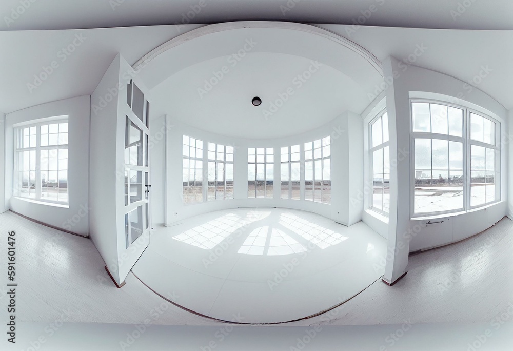 360 degree seamless hdri of white room with repairs and large windows ...