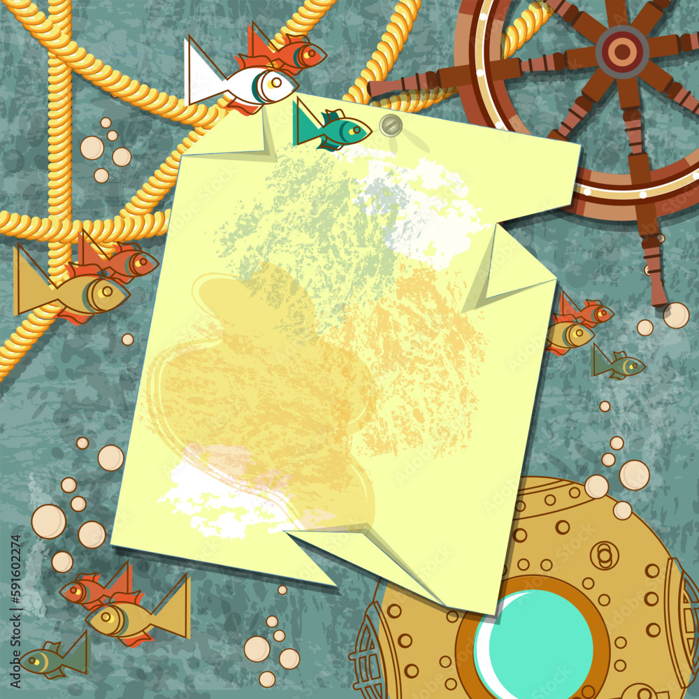 Decorative background on the marine theme. Ship steering wheel, fish ...