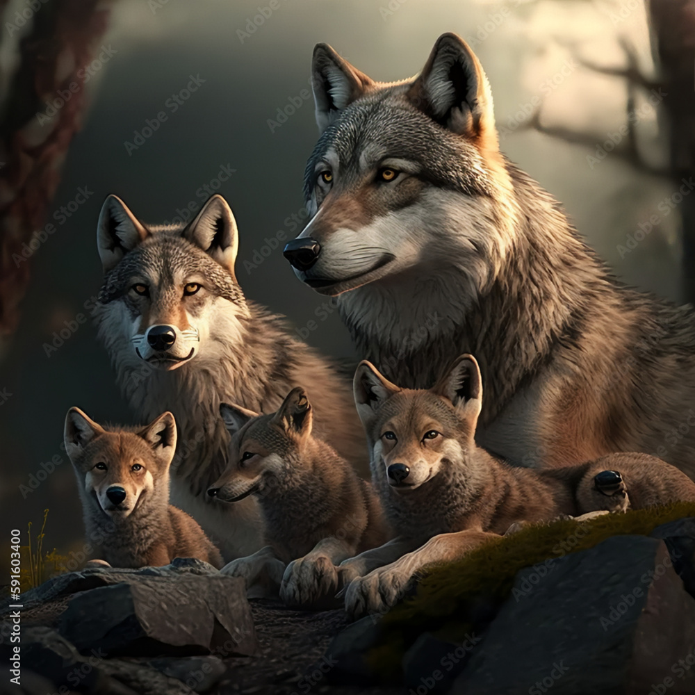 The illustration features a wolf family pack, including the mother ...