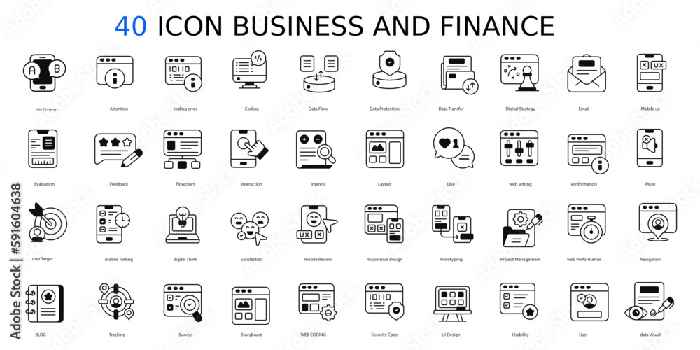 Set of 40 Business and Finance web icons in line style. Money, bank ...
