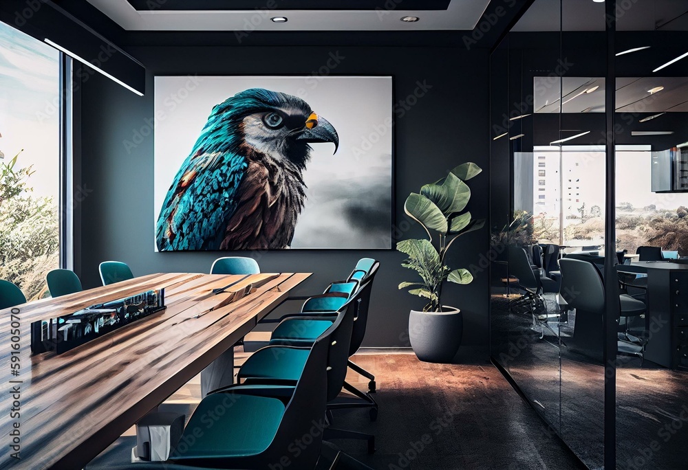 Bright conference room with seating and table, natural light and ...