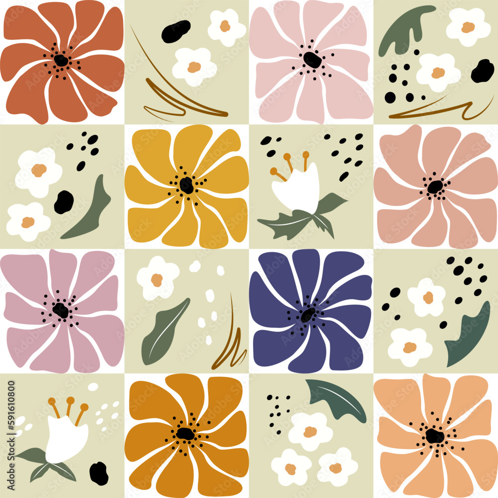 Floral and checkered seamless pattern in boho style, 70s hippie fantasy ...