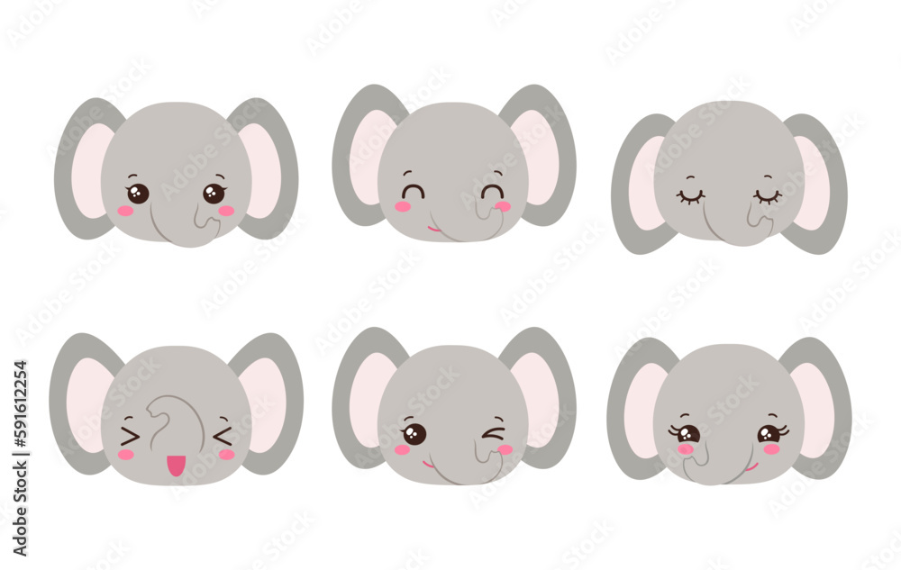 Cute elephant emoji icon set. Messenger emoticon. Safari animal icons ...