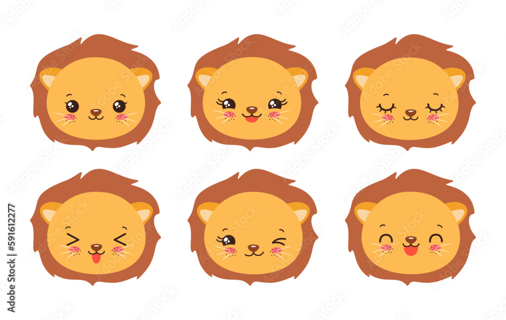 Cute lion emoji icon set. Messenger emoticon. Safari animal icons ...