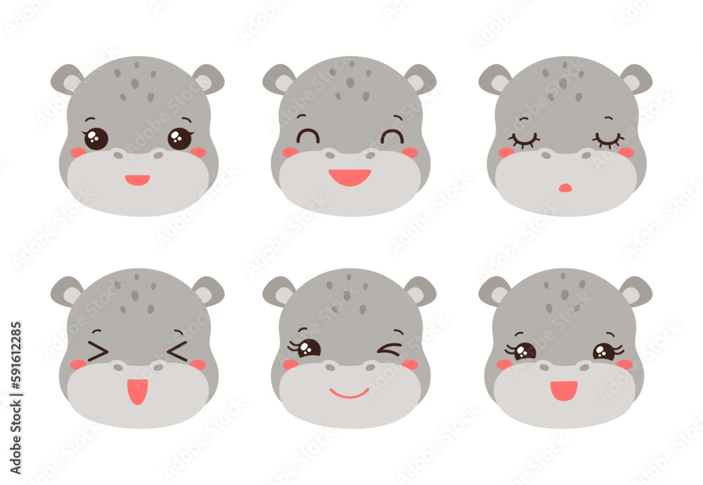 Cute hippo emoji icon set. Messenger emoticon. Safari animal icons ...