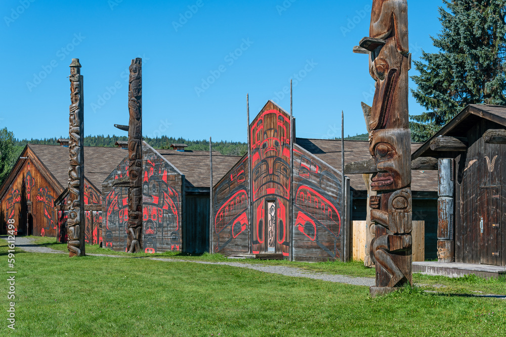 Traditional long houses and totem poles of the Gitxsan or Ksan First ...