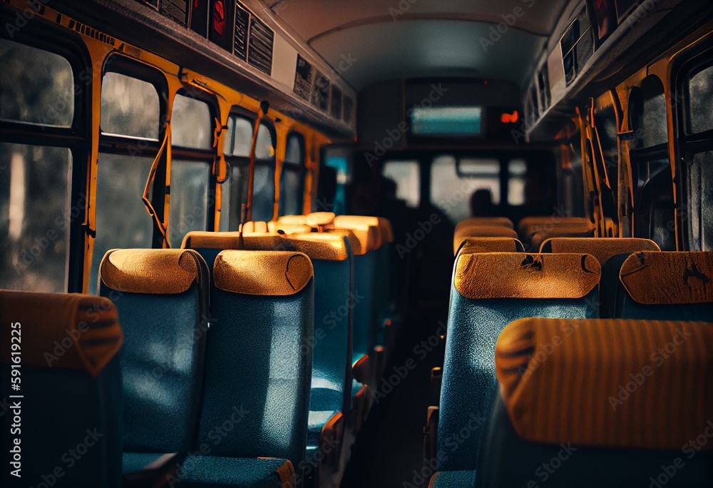 Interior empty school bus closeup. Rows seats inside safety public ...