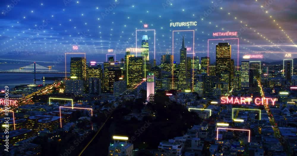 Aerial View of San Francisco Smart Futuristic City, Automation Management Smart Digital ...